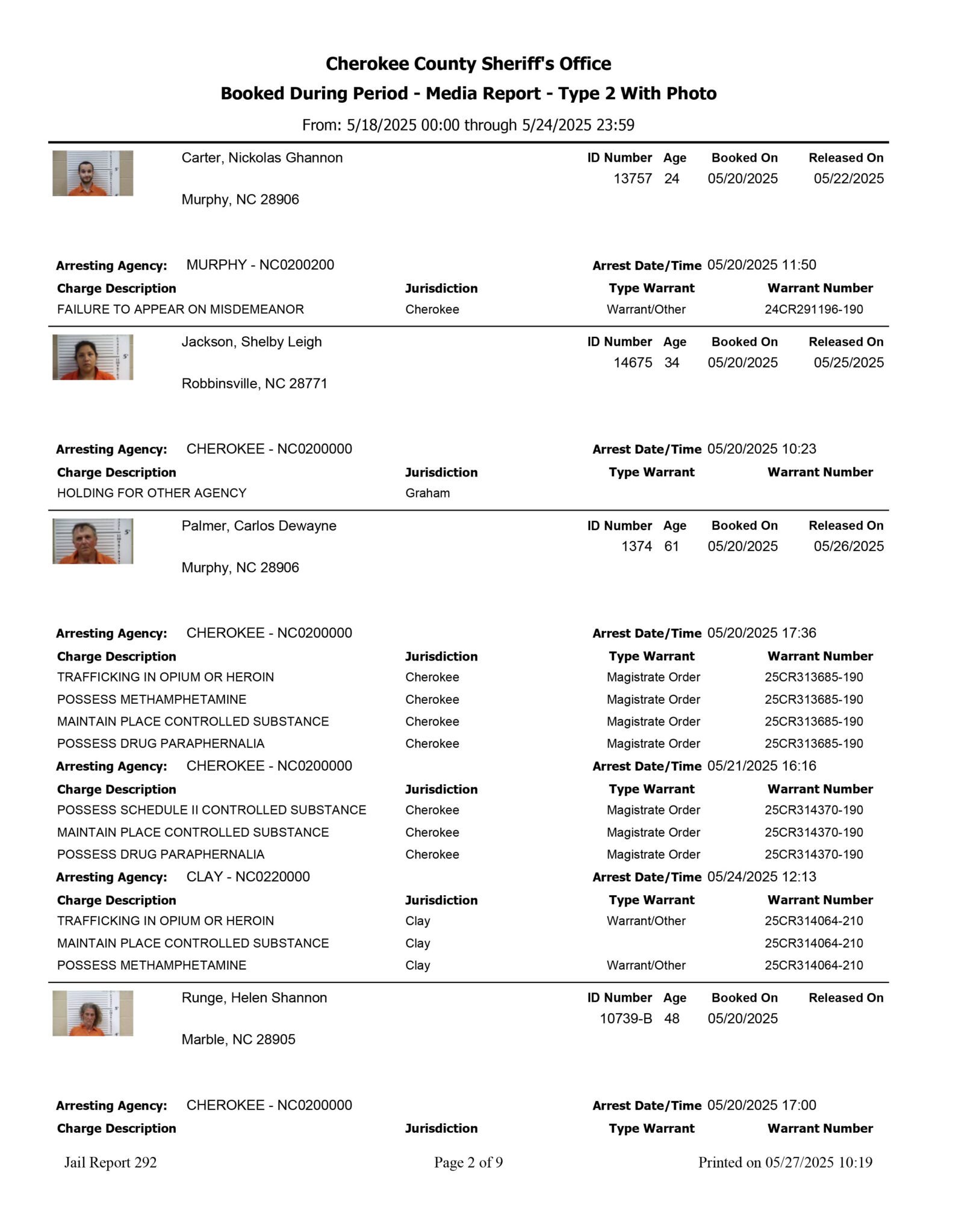 Cherokee County, NC Sheriff’s Office Arrest Report 5/18 – 5/24/2025 ...